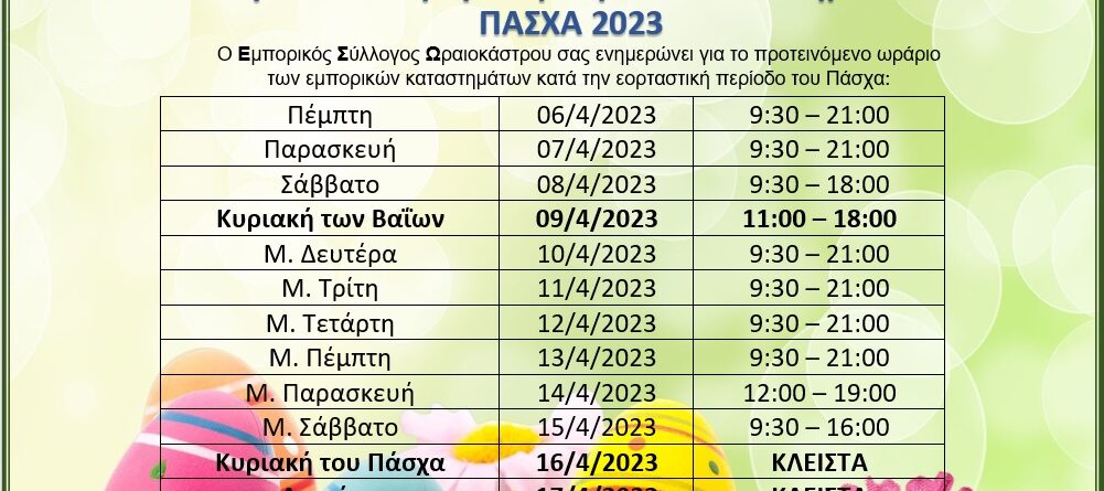 Εορταστικό ωράριο εμπορικών καταστημάτων Πάσχα 2023 – Εμπορικός ...